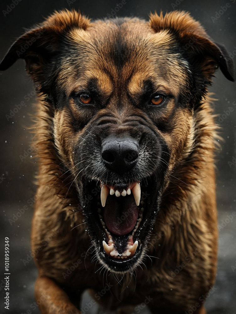 Angry dog charging and barking, he looks mean and upset, about to bite ...