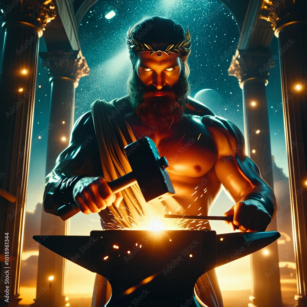 Hephaestus the god with his hammer and anvil. He was cast off Mount ...
