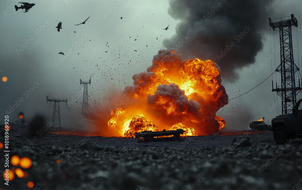 Bomb explosion, smoke, fire and fragments fly in different directions ...