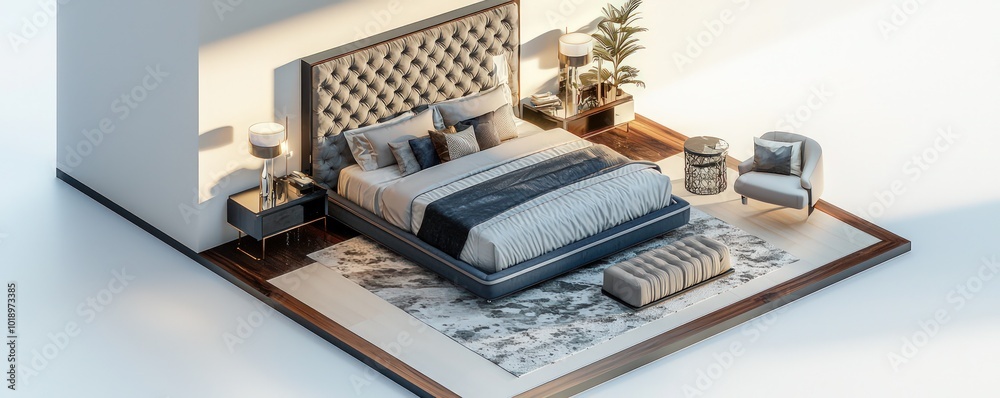 Luxurious bedroom isometric 3D render featuring a king-size bed with an ...