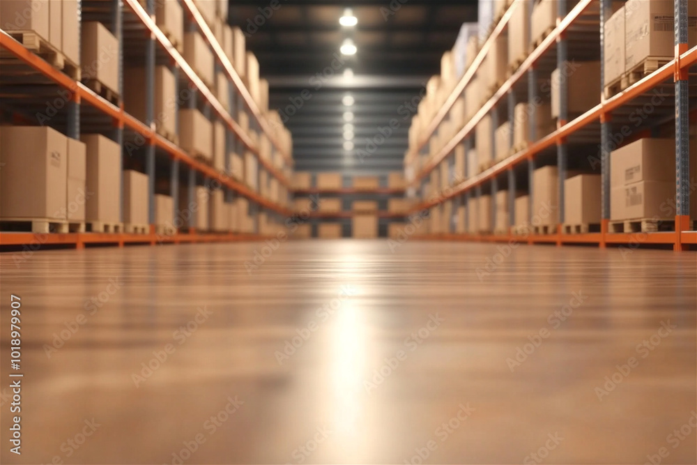Warehouse floor stretching into the distance with packages stacked high ...