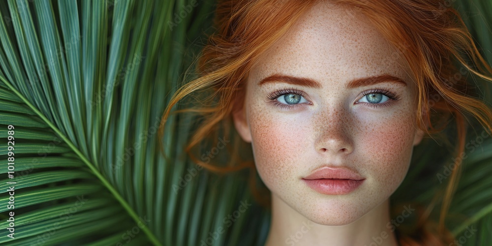 skincare and beauty concept with a portrait of a young red-haired woman ...