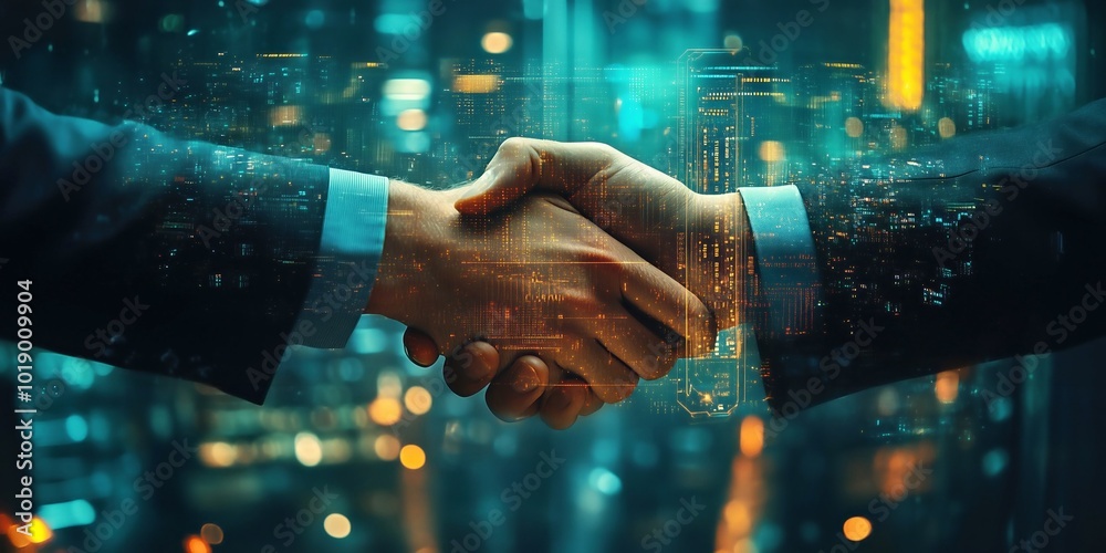 business handshake with a digital overlay of a city skyline at night ...