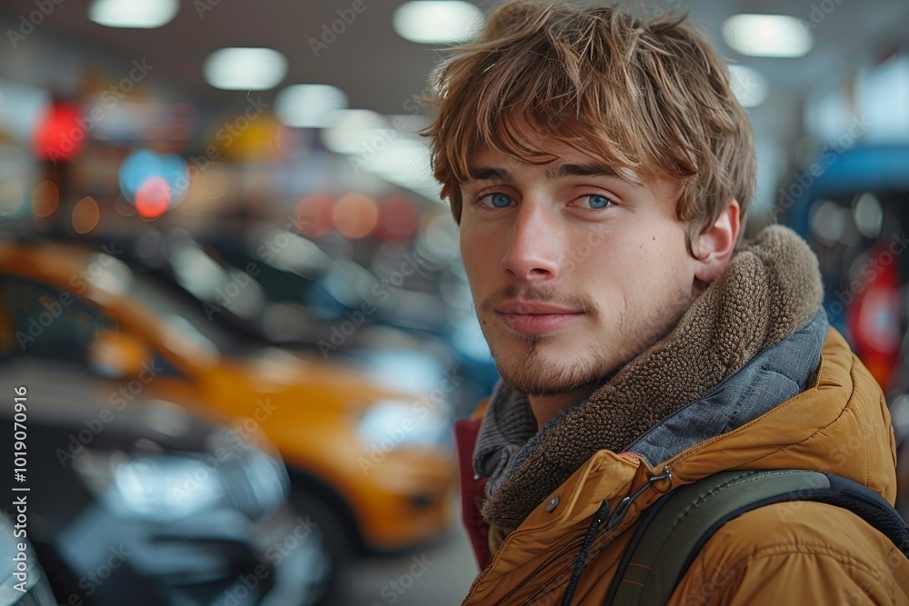 Young man explores options and chooses a new vehicle at a busy car ...