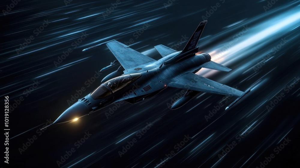 Futuristic modern space fighter jet flies in the night sky, leaving a ...