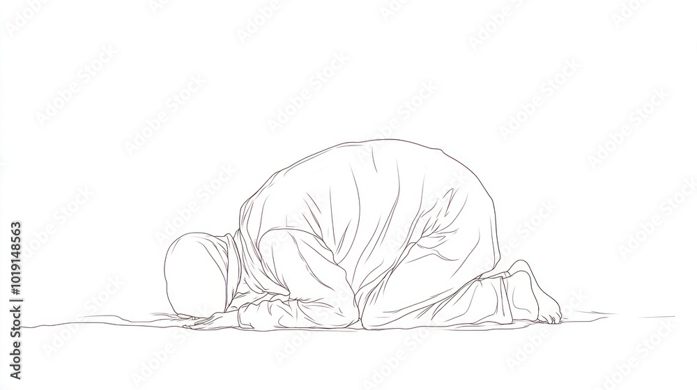 Line design of a Muslim man kneeling, bowing in prayer with God's head ...