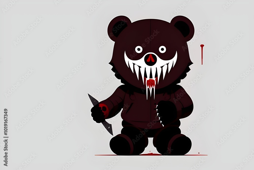 illustration cartoon of a horror movie, isolated stuffed evil toy teddy ...