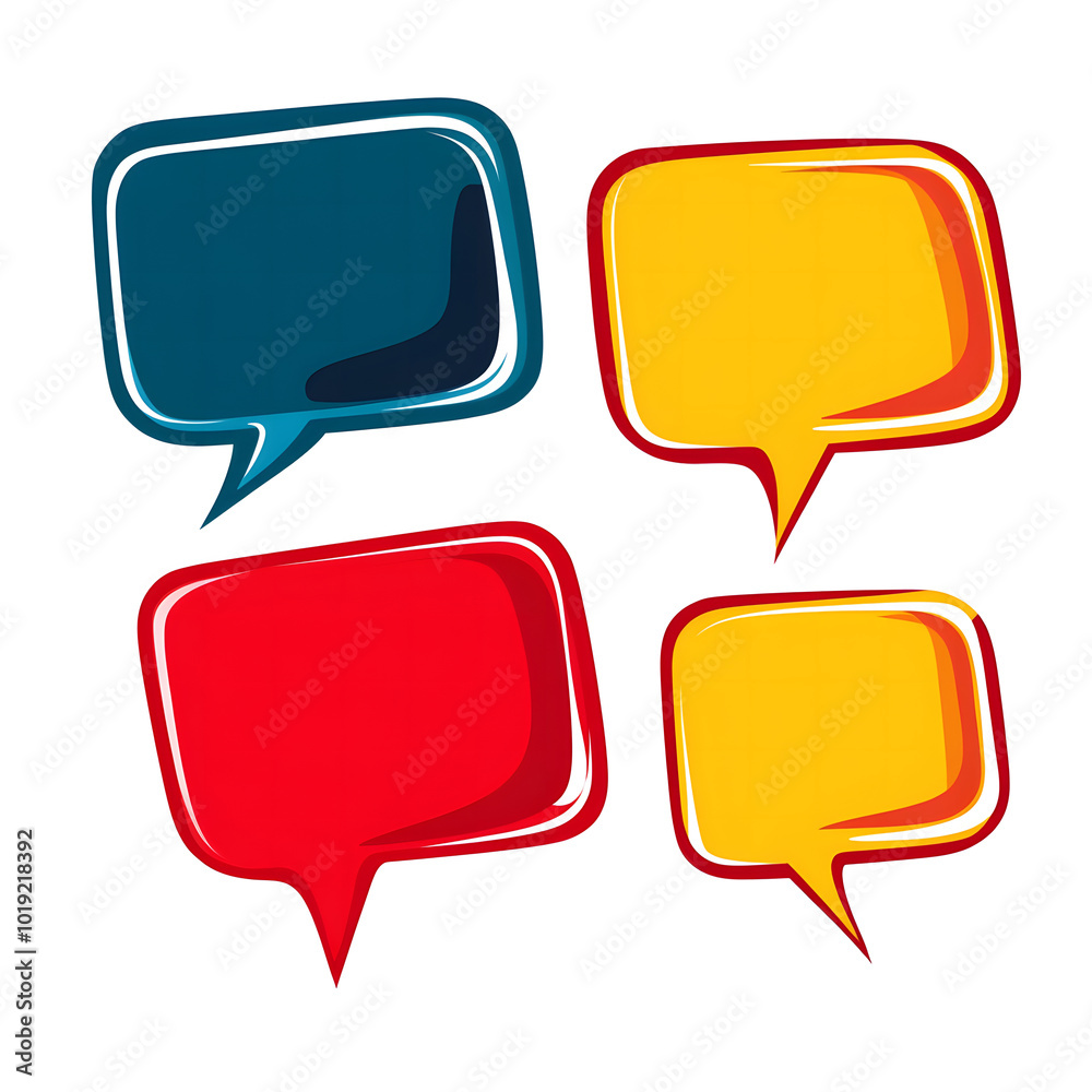 Three empty speech bubbles, vector graphics, simple shapes design, red, blue, and yellow color ...