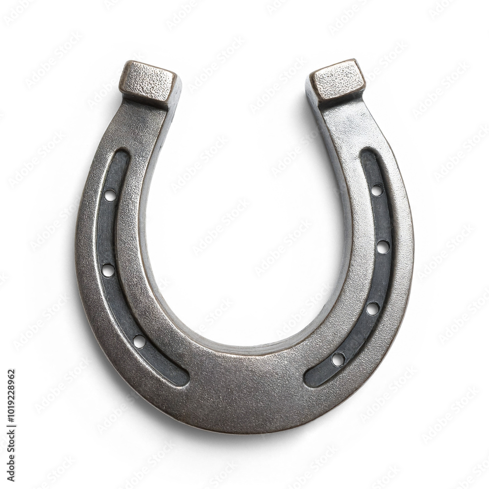 Silver metal horseshoe with seven holes, symbol of good luck isolated ...