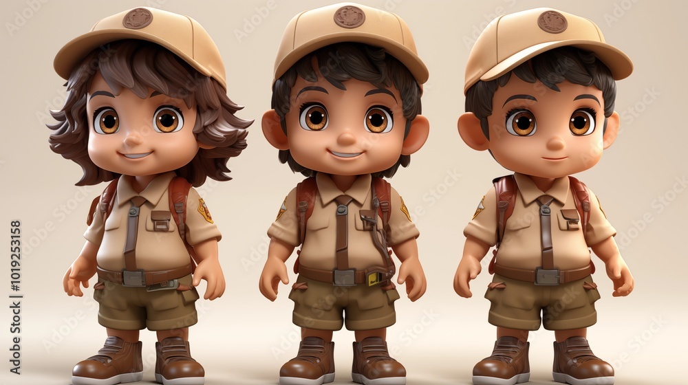 Set Of Cute Little boy scout Kids Wear Scout honor uniform. 3D render ...