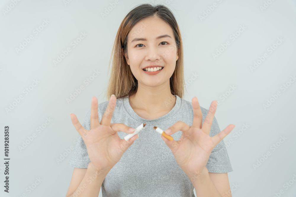 No smoking. Woman stop smoke, refuse, reject, break take cigarette, say ...