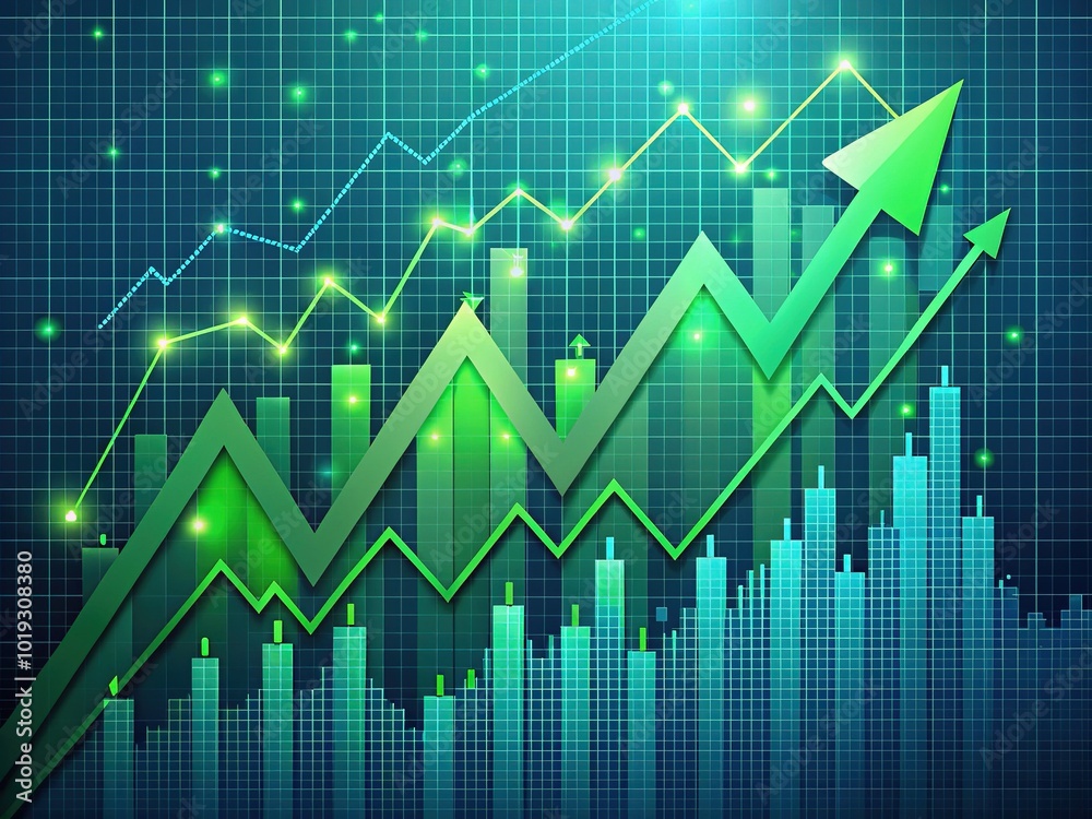 Vibrant green stock market graph rises sharply on a navy blue ...