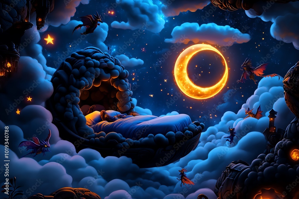 Fantasy artwork of a person sleeping in a floating bed above the clouds ...