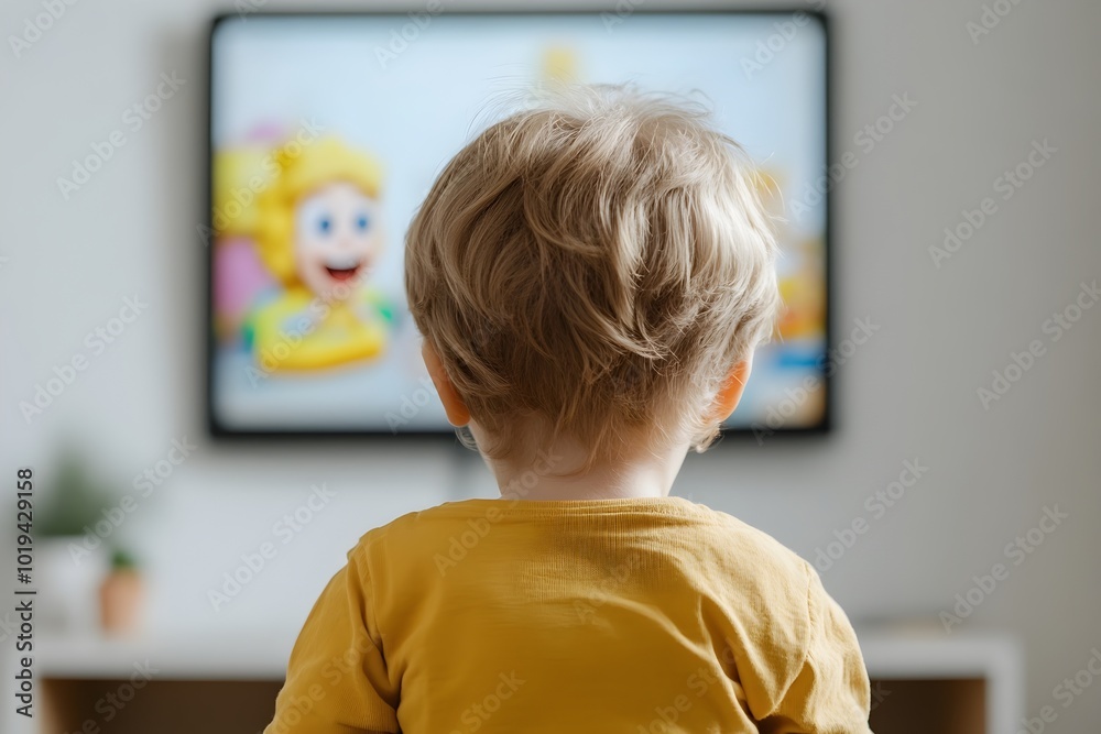 Captivated Young Child Intently Watching Cartoon TV Show While Sitting ...