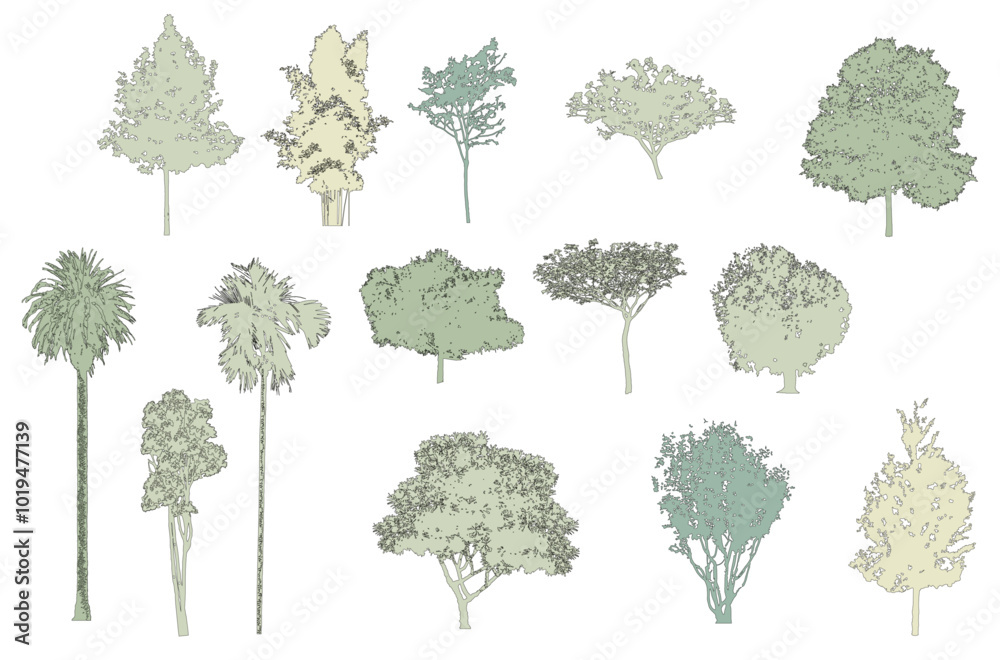 Minimal style cad tree line drawing, Side view, set of graphics trees elements outline symbol ...