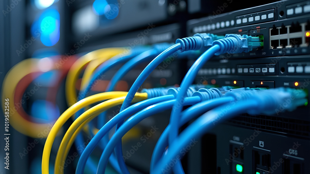 Server rack with fiber optic cables attached to panel switch ports ...