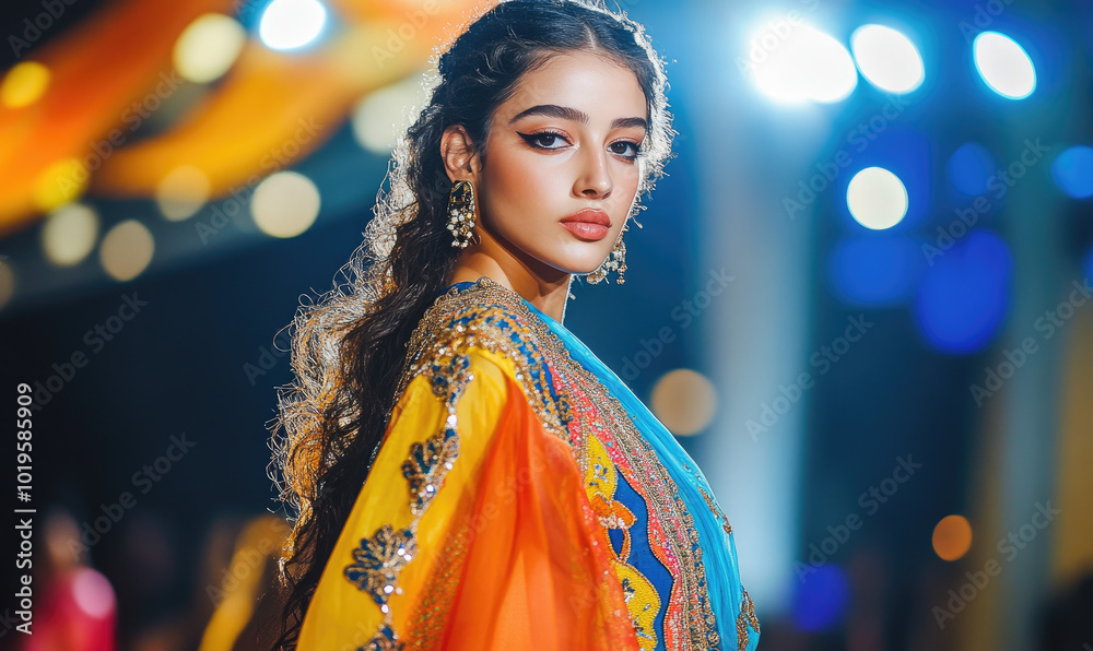 An enchanting photograph of an Arabic model girl striding down the ...
