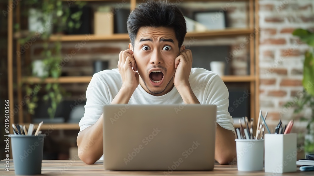 Nervous young asian man sit work at wooden desk with pc laptop ...