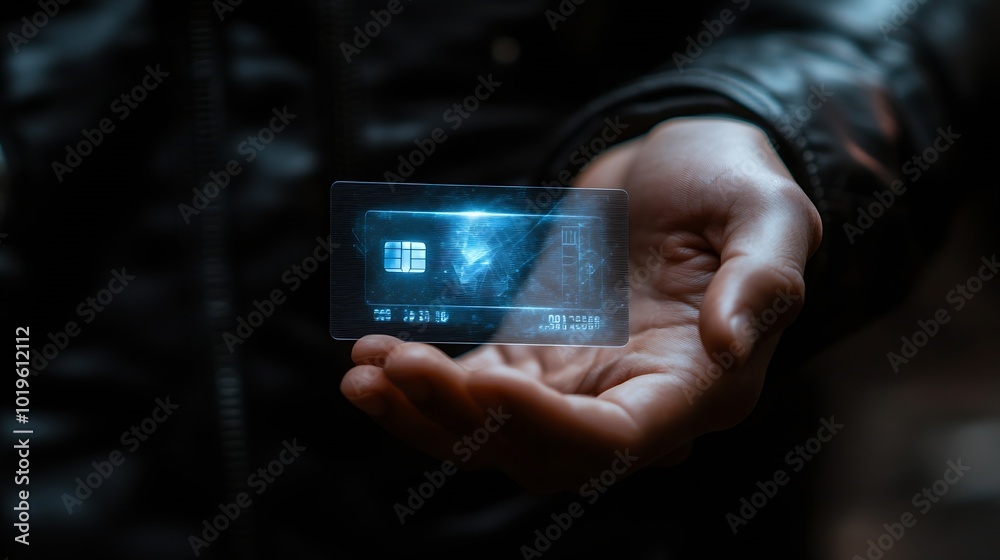 Closeup image of hand and digital identification card or digital ID on ...