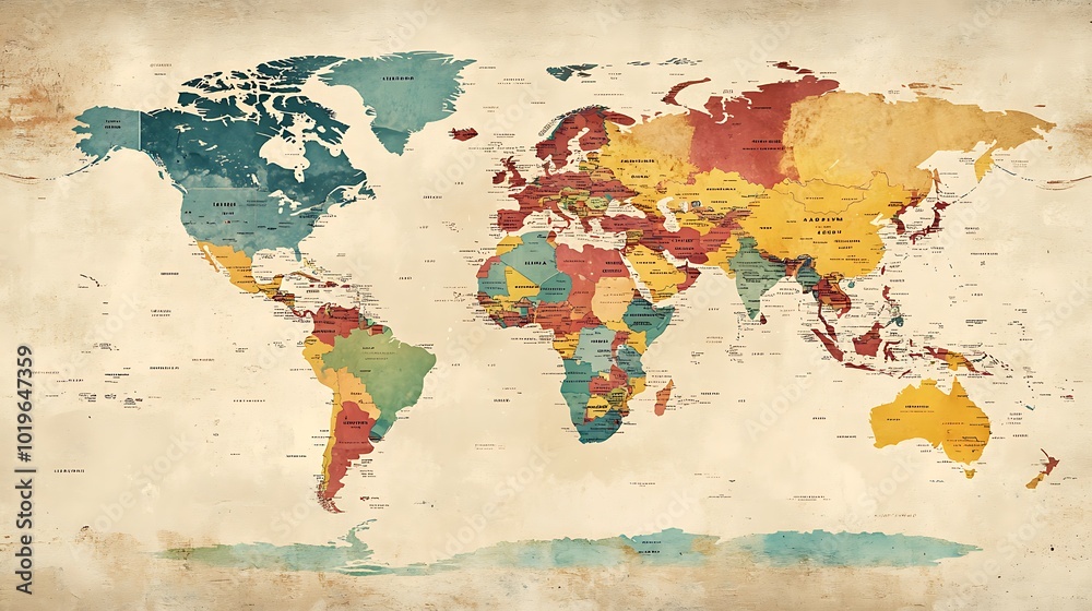 world map with detailed continents, labeled countries, and major cities ...