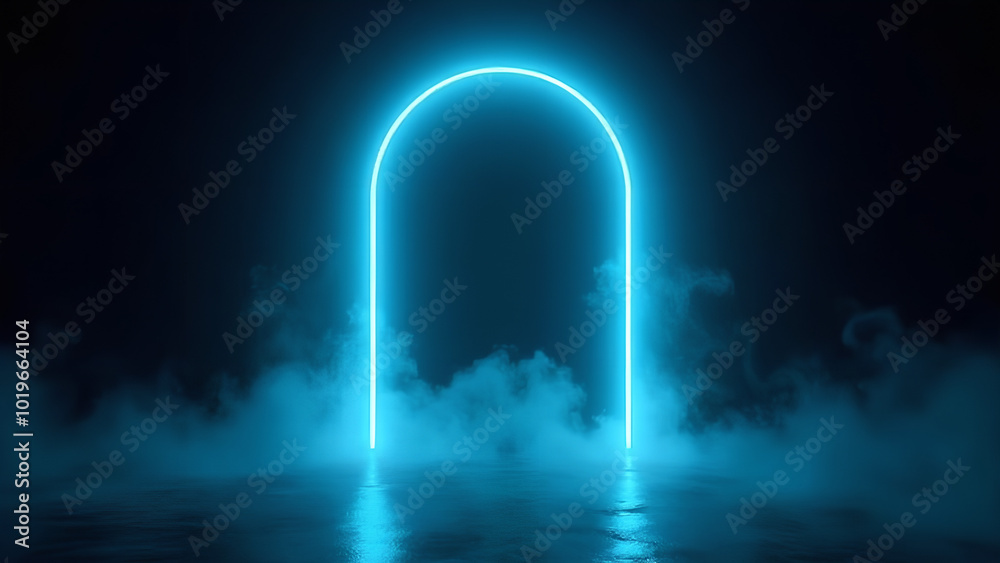Neon light blue arch A door with a glow of smoke in space Portal frame ...