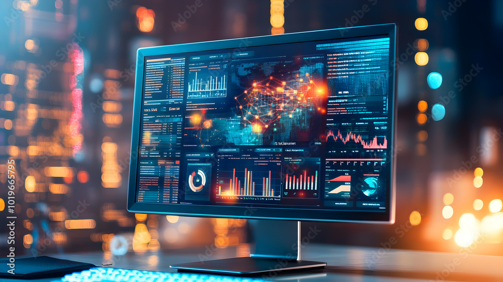 Photo Stock Computer monitor displaying an abstract network monitoring dashboard with real-time ...