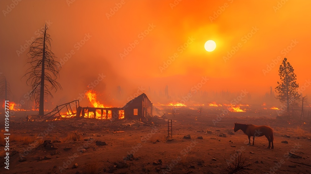Wildfires blazing uncontrolled in a desolate landscape under a sky ...
