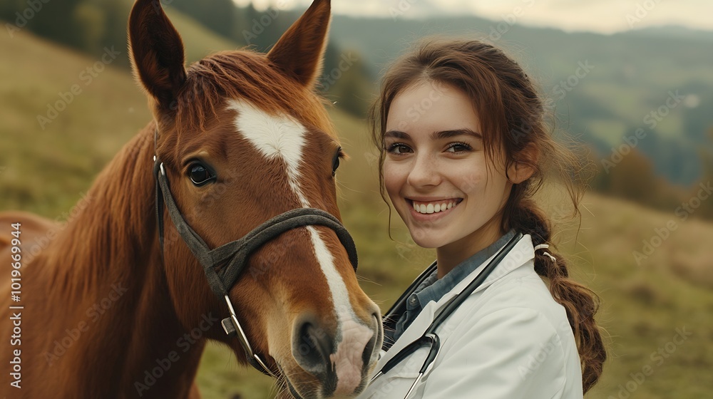 Horse woman veterinary and portrait outdoor for health and wellness in ...