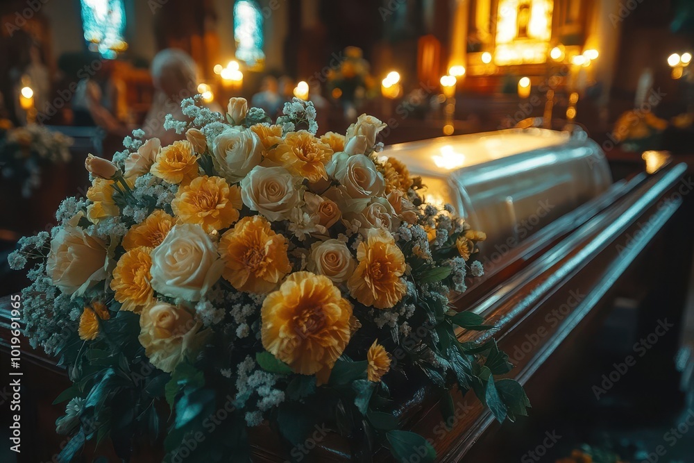 solemn funeral scene with floweradorned casket soft muted lighting ...