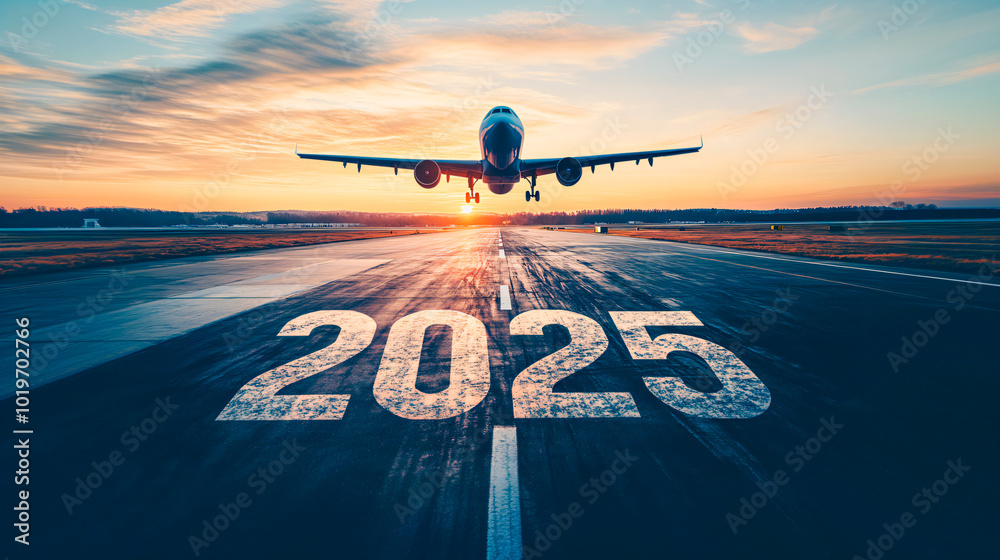Airplane taking off from runway with 2025 new year marking during ...