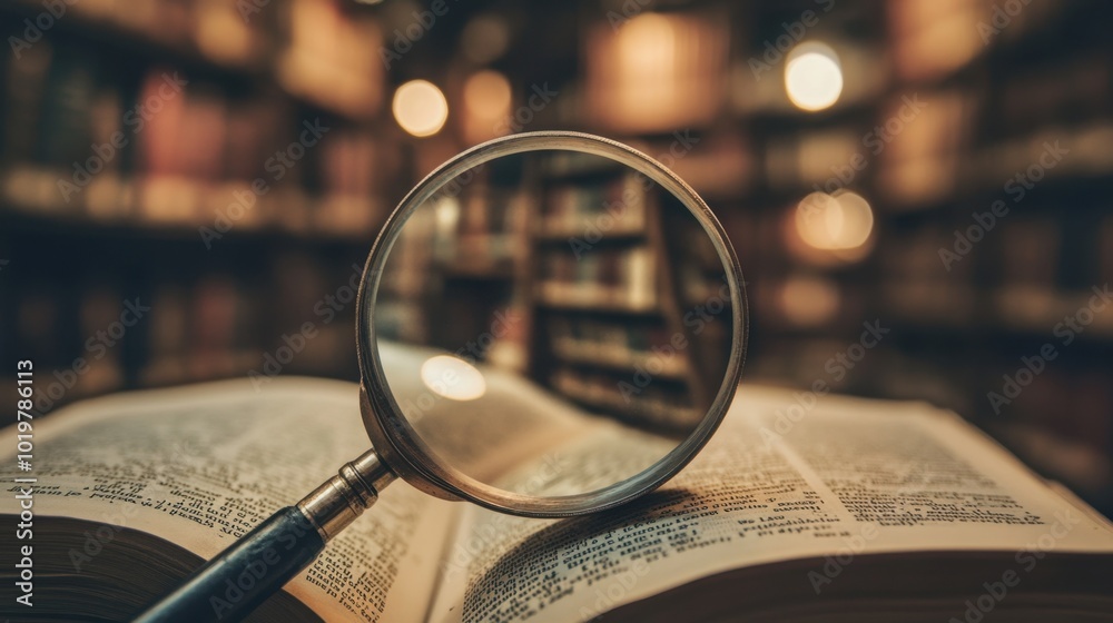 Magnifying glass zooming in on text in an open book, with a blurred ...