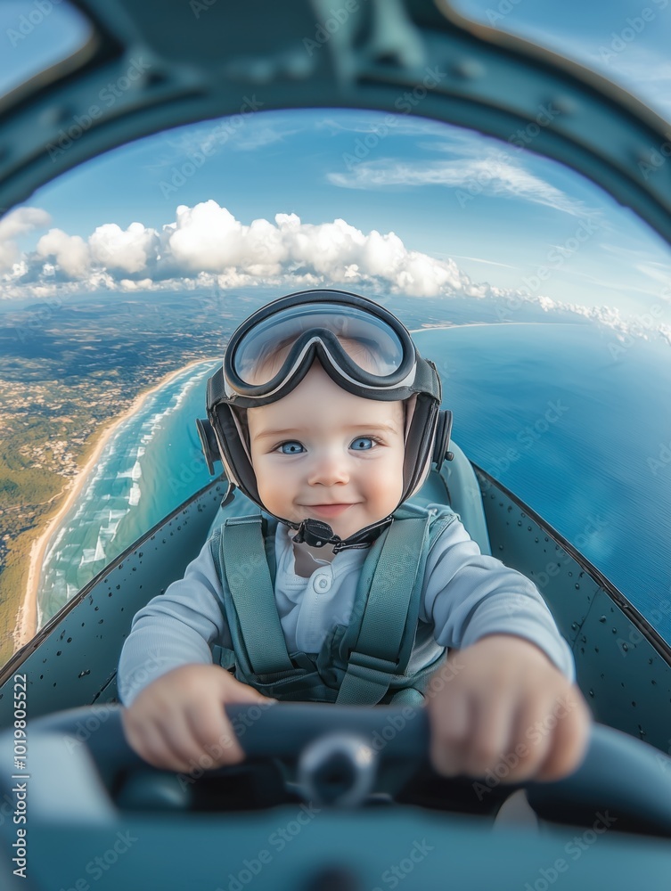Baby Pilot: A wide-eyed baby, strapped into the cockpit of a small ...