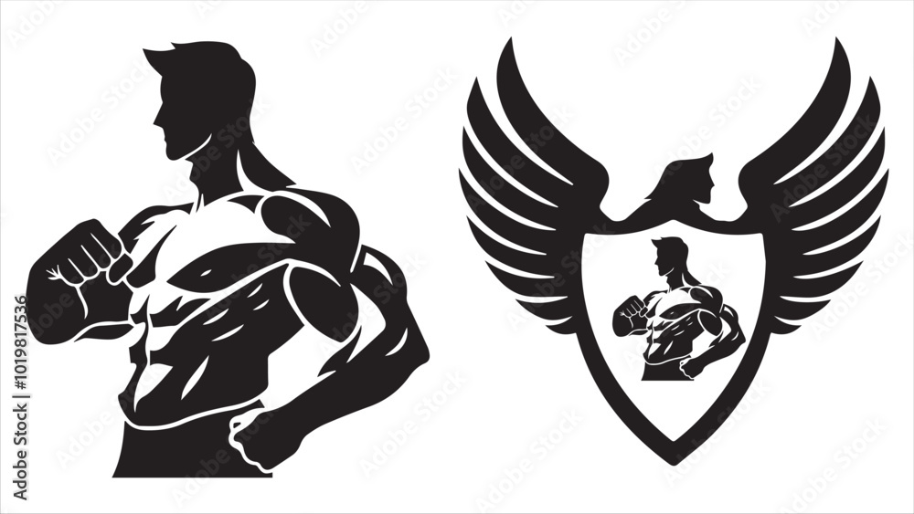 Set of simple logo of a bodybuilder man lifting his muscles showing his ...