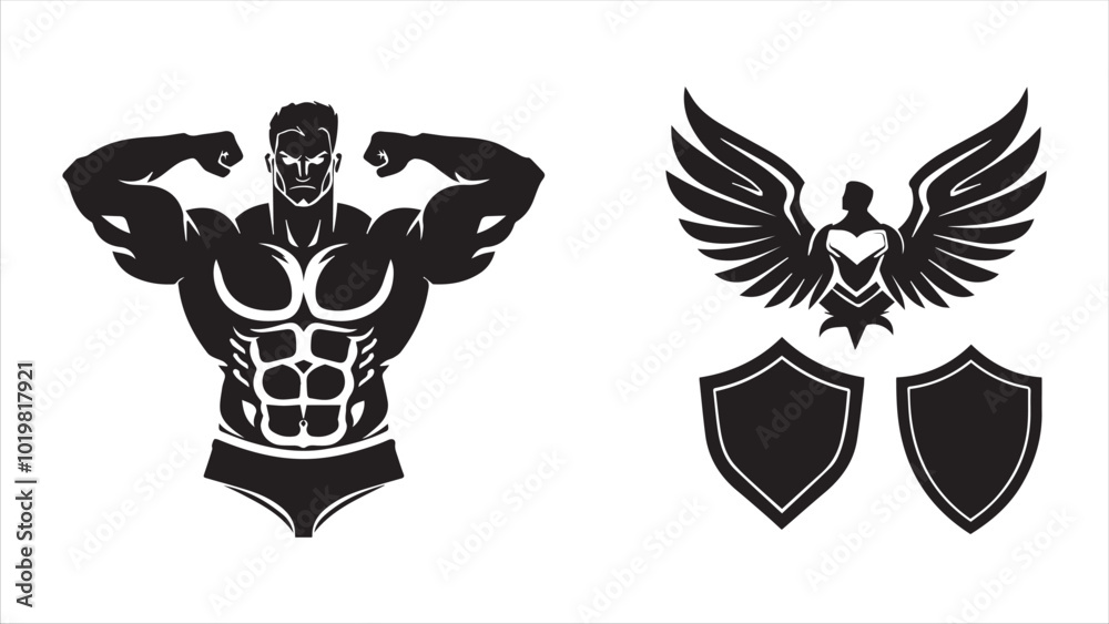 Set of simple logo of a bodybuilder man lifting his muscles showing his ...