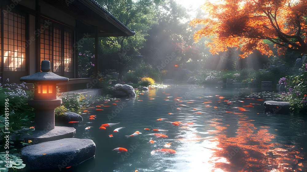 Japanese Garden Pond with Koi Fish - 3D Illustration Stock Photo ...