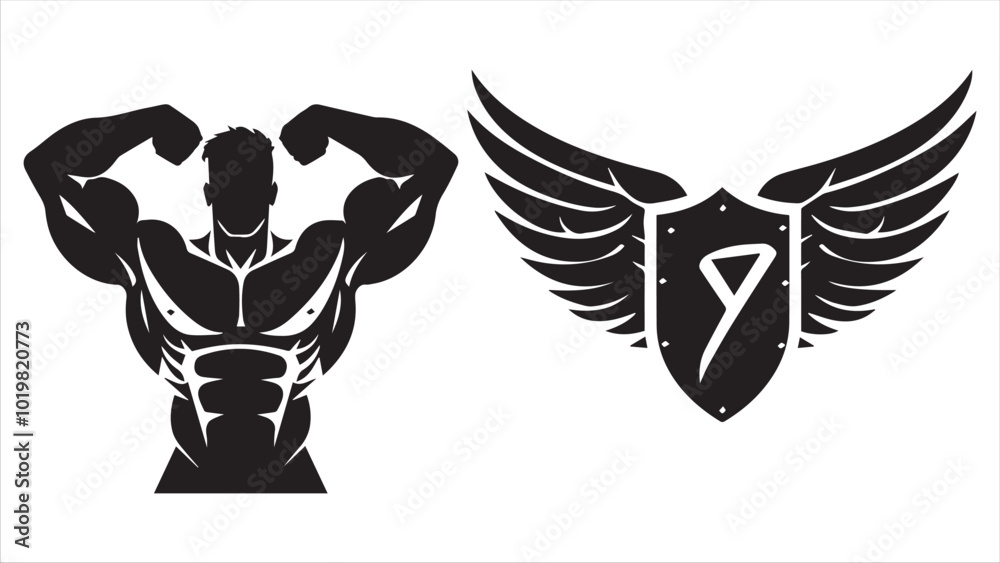 Set of simple logo of a bodybuilder man lifting his muscles showing his ...