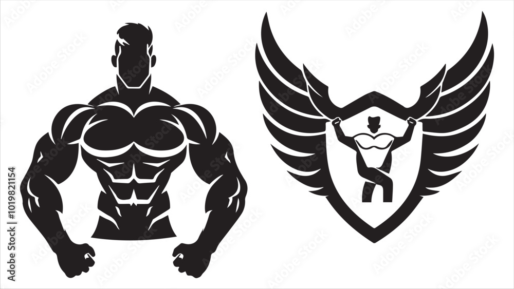 Set of simple logo of a bodybuilder man lifting his muscles showing his ...