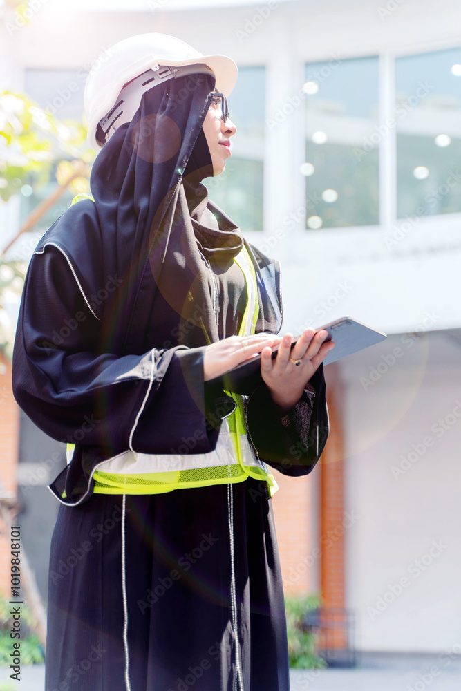Asian Muslim construction engineer wearing safety vest and Abaya niqab ...