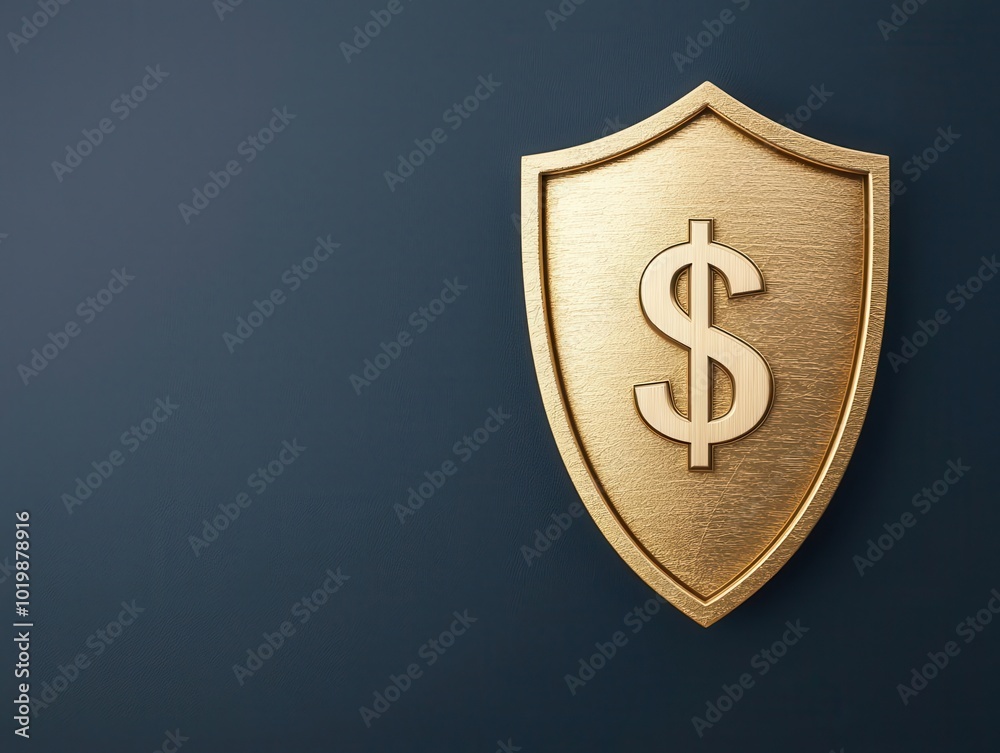 Golden shield with an engraved dollar sign, representing security and ...