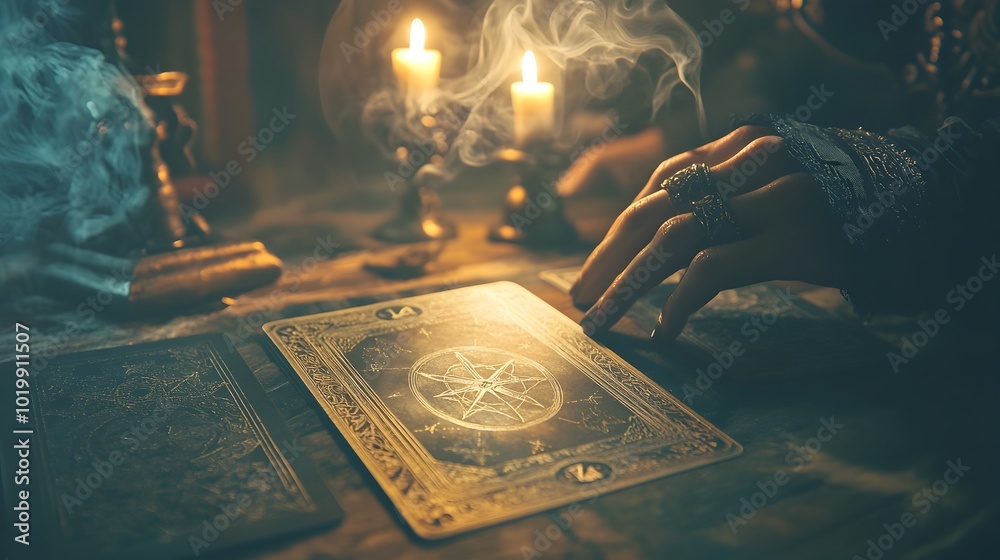 Ethereal Tarot Card Divination Ritual with Mystic Hands Revealing Celestial Insights Stock ...