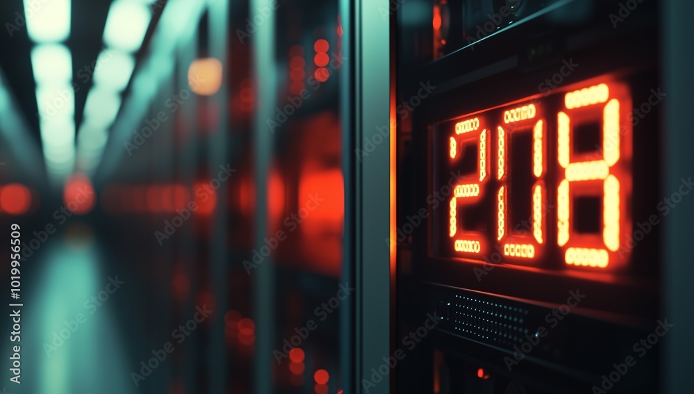 Digital Clock Displaying "208" in Server Room with Blurred Computer ...