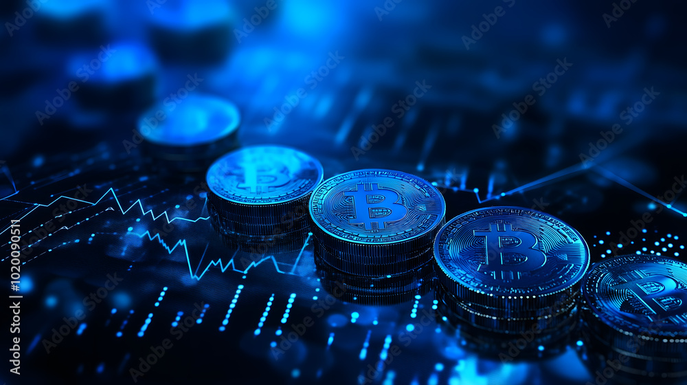 Glowing blue money coins with business diagram graph chart background ...