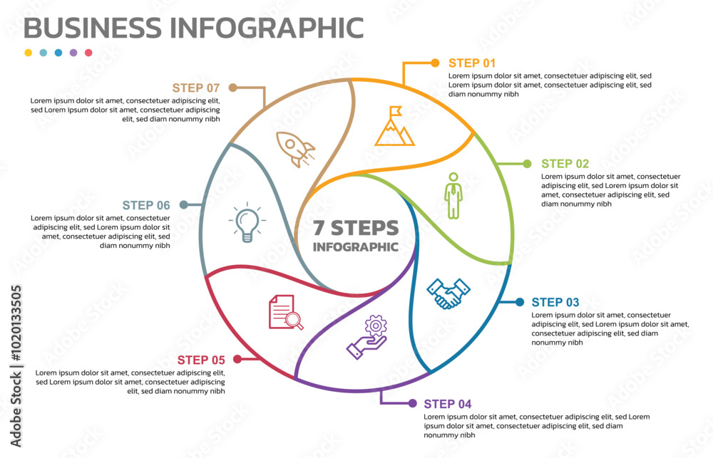 Visual data presentation. Cycle diagram with 7 options. Pie Chart ...