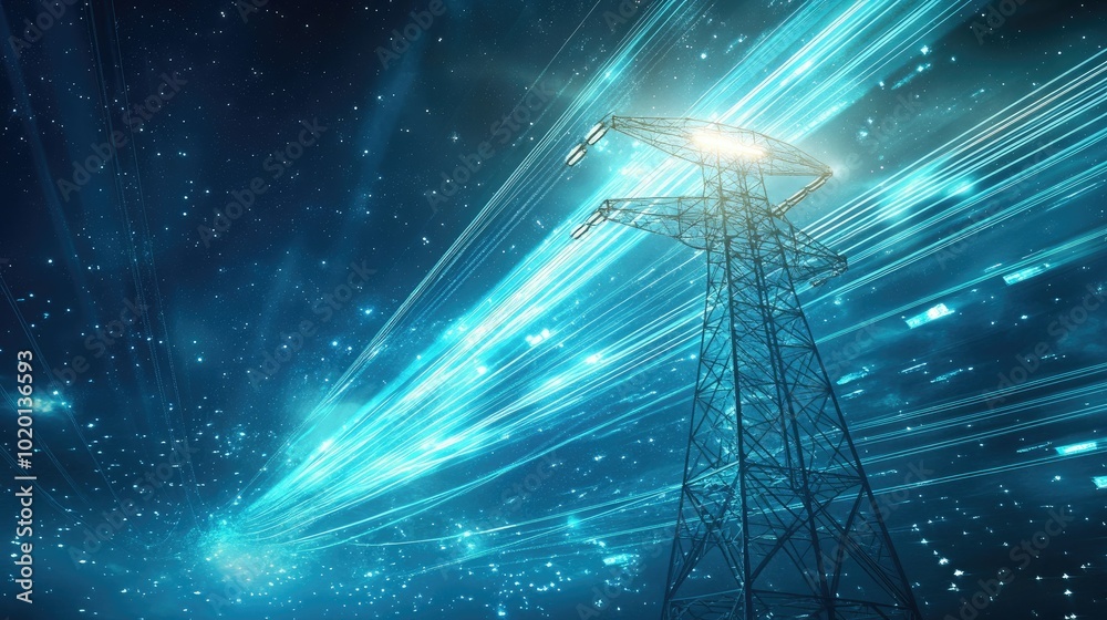 Energy-charged electrical tower with radiant beams, power lines ...