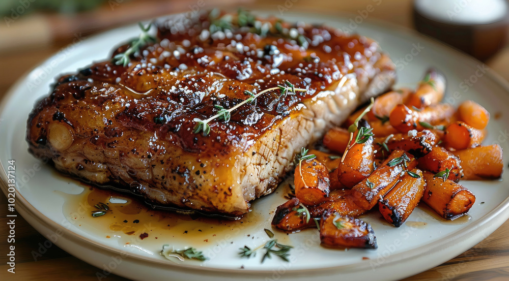 Oven-roasted pork belly with caramelized carrots, crispy skin, golden ...