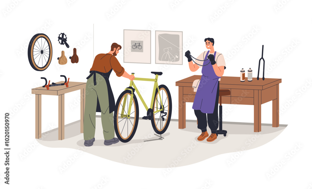 Bicycle repair shop. Men mechanics fixing and adjusting bike chain ...