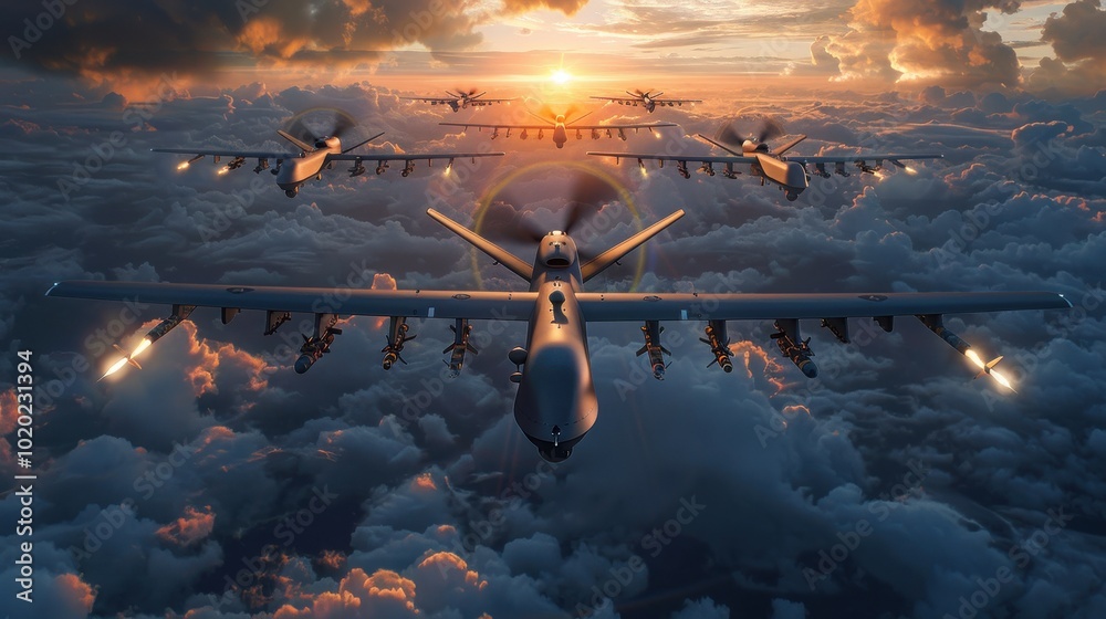 Group of kamkazza combat drones on the background of sky and clouds ...