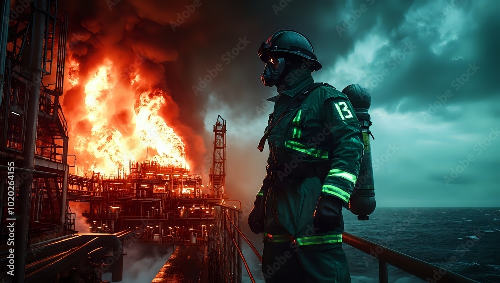 Firefighter on an offshore oil rig platform, looking out at the sea as ...