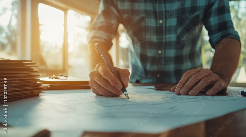 An architect intensely focuses on sketching a detailed design on large ...