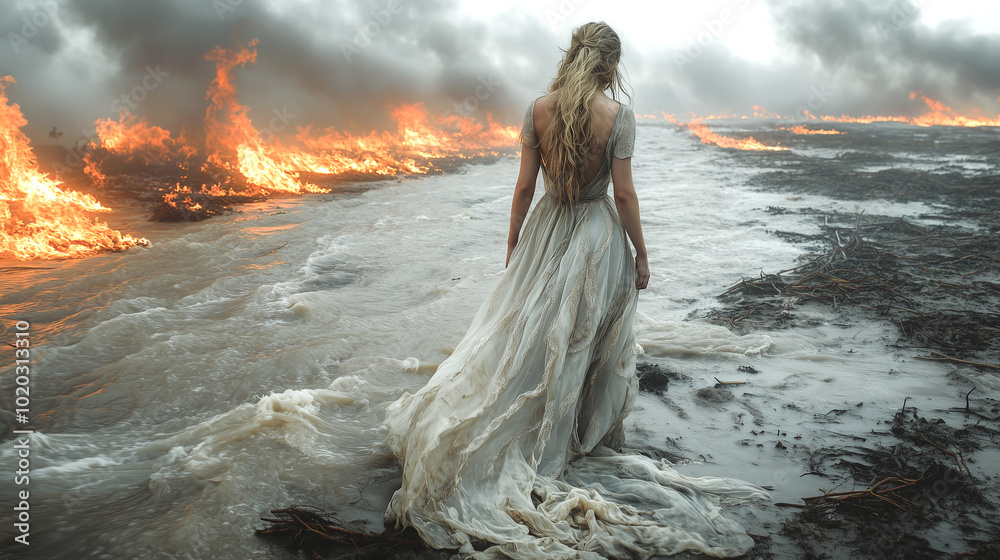 Beautiful blond woman with a lost look walking on an infernal beach on ...